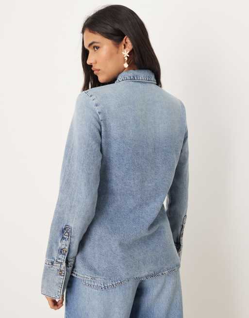 Mango cotton mix long sleeve denim shirt with tie neck in medium blue ...