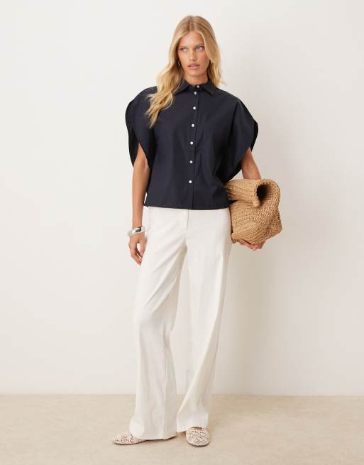 Mango cotton mix oversized short sleeve shirt in navy | ASOS