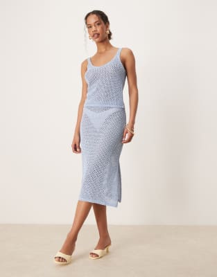 Mango crochet embelished tank top and midi skirt set in sky blue | ASOS