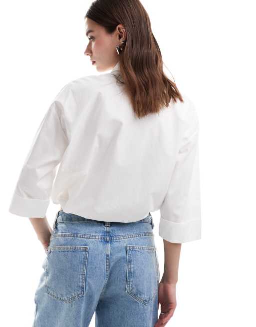 Mango cropped drawstring short sleeve shirt in white | ASOS