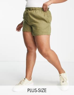 Mango Curve tie up linen shorts in khaki | ASOS