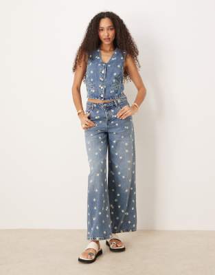 Mango - Denim co-ord set met geborduurde madeliefjes in blauw | ASOS