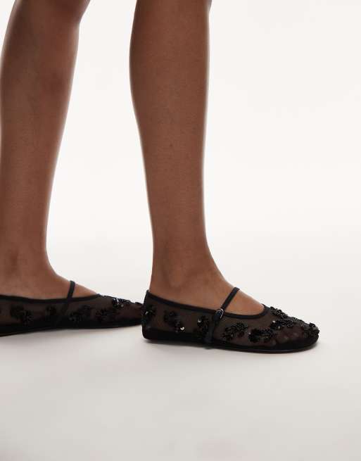Mango embellished mesh ballet flats in black | ASOS