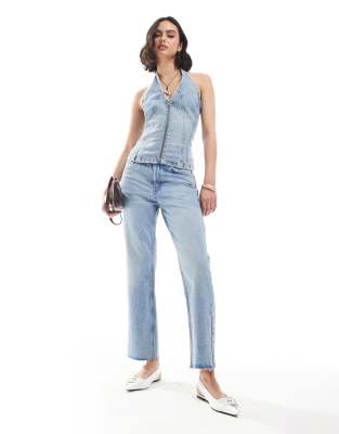 Mango - Ensemble jean slim et veston dos nu zippé en denim - Bleu clair ...