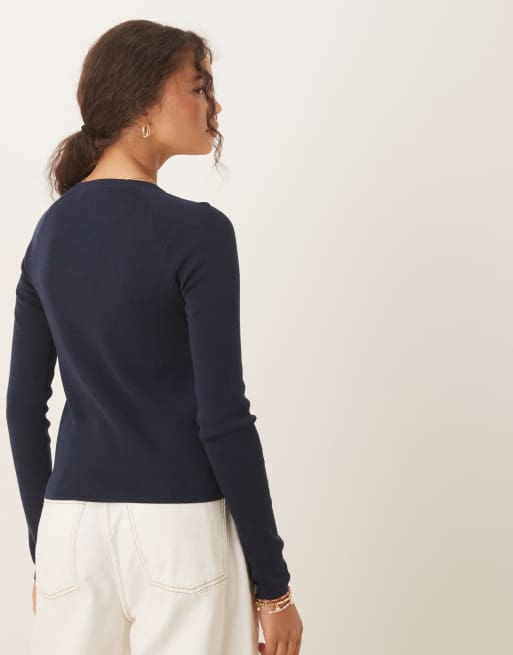 Mango fine knit long sleeve top in navy | ASOS