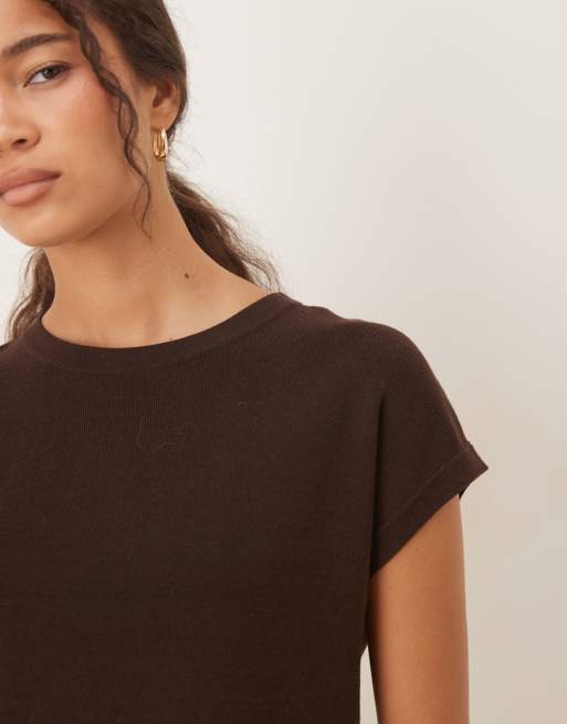 Mango fine knit short sleeve t-shirt in chocolate brown | ASOS