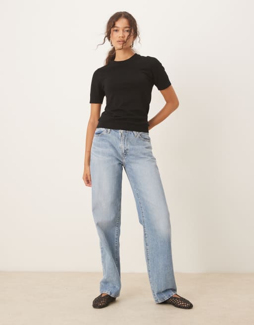 Mango fine knit short sleeve top in black | ASOS