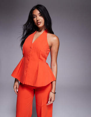 Mango halterneck peplum hem button up top in red - part of a set | ASOS