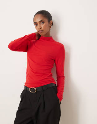 Mango high neck long sleeve t-shirt in red | ASOS