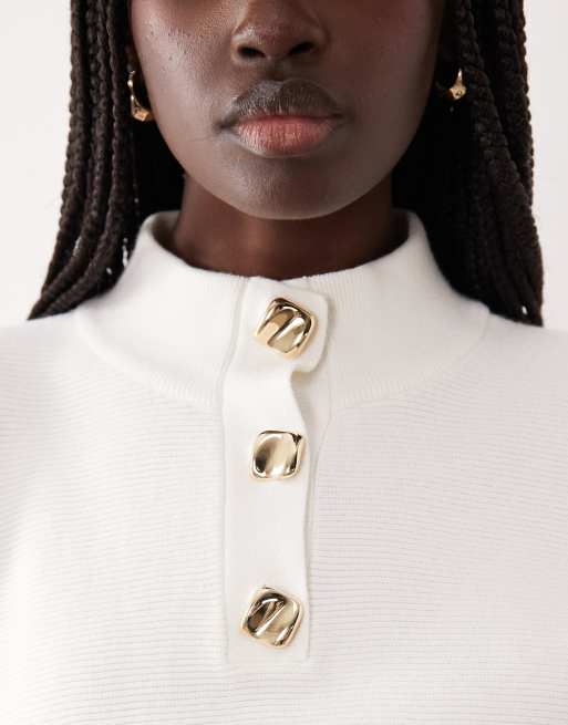 Mango high neck sweater with statement buttons in cream | ASOS