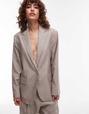 Mango - Katoenen blazer met krijtstreep in bruin, deel van co-ord set ...