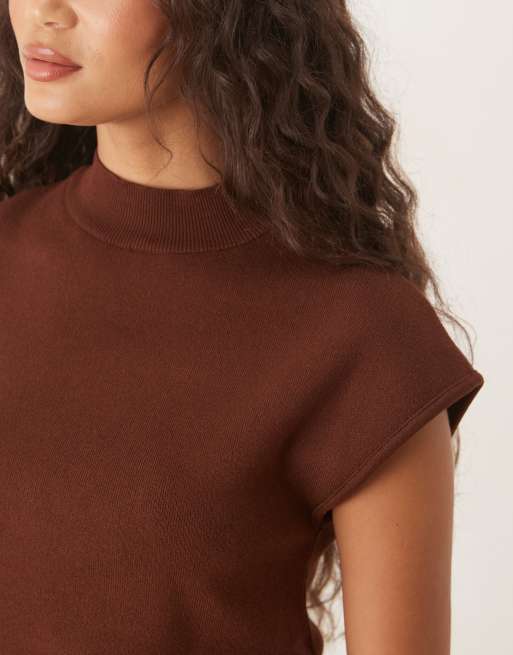 Mango knit high neck cap sleeve top in brown | ASOS