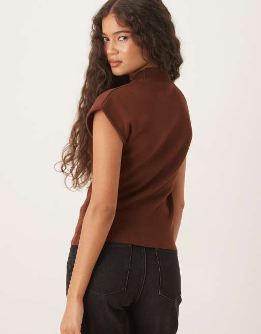 Mango knit high neck cap sleeve top in brown | ASOS