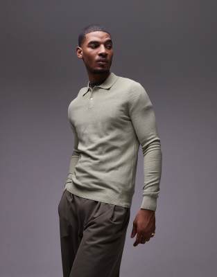 Mango knitted button up polo sweater in pale green | ASOS