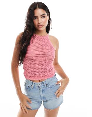 Mango knitted halter crochet top in pink | ASOS
