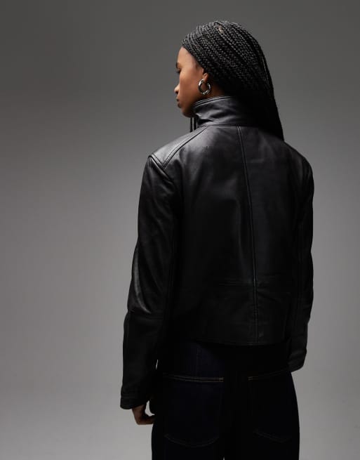 Mango leather funnel neck jacket in dark brown | ASOS