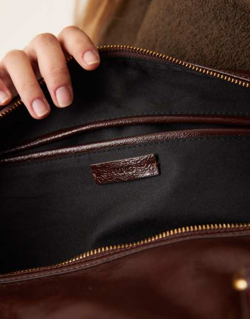 Mango leather lock charm cross body city bag in dark brown | ASOS