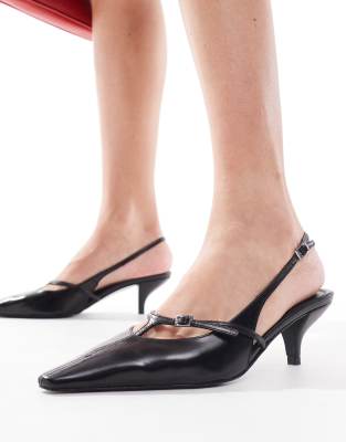 Mango - Leren slingbacks met hak en gesp in zwart | ASOS