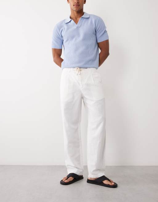Mango linen blend straight leg draw string trousers in white | ASOS
