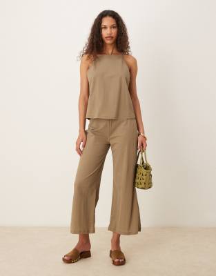 Mango linen mix elasticated waist wide leg trouser co-ord in beige | ASOS