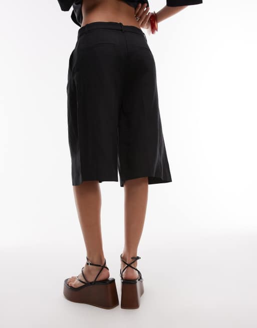 Mango linen mix longline bermuda shorts in black | ASOS