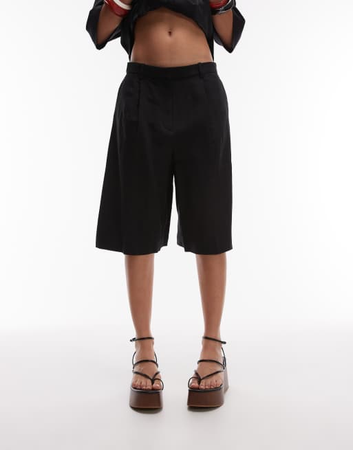 Mango linen mix longline bermuda shorts in black | ASOS