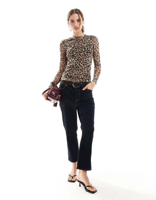 Mango long sleeve mesh leopard top in brown | ASOS