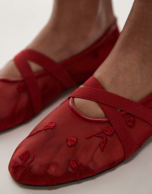 Mango mesh floral detail ballet flats in red | ASOS