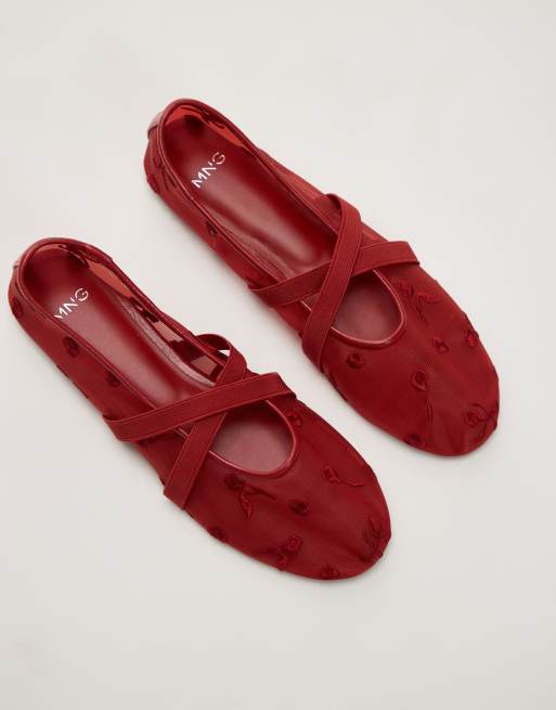 Mango mesh floral detail ballet flats in red | ASOS