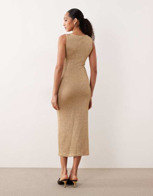 Mango micro sequins midi dress in gold | ASOS