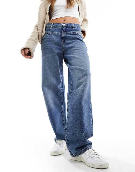 Mango mid waist baggy jeans with rips in medium blue | ASOS Mango mid waist baggy jeans with rips in medium blue | ASOS