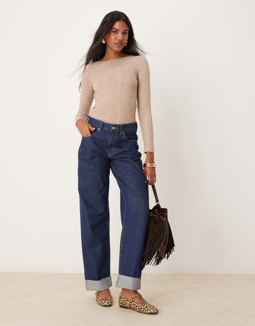 Mango mixed rib knit long sleeve top in brown | ASOS