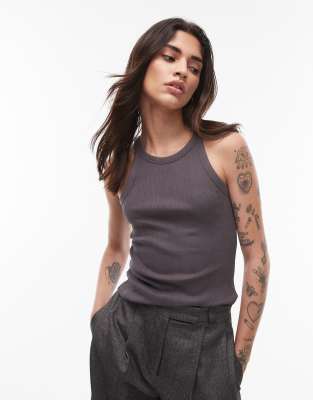 Mango mixed rib round neck tank top in mole | ASOS