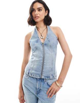 Mango – Neckholder-Weste aus Denim in Hellblau mit Reißverschluss ...