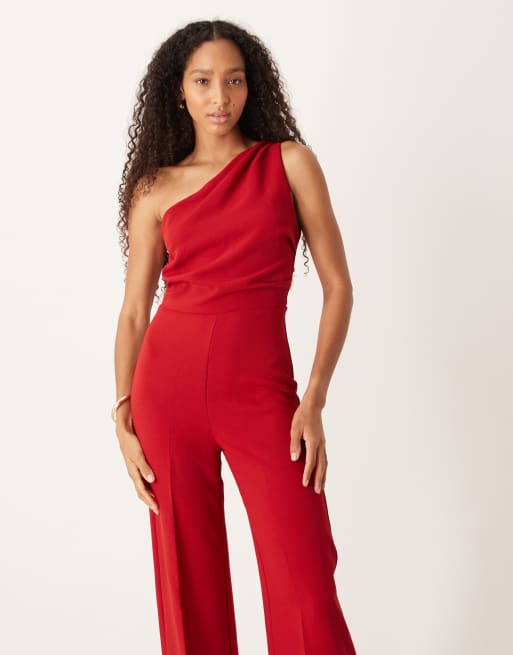 Mango one shoulder jumpsuit in red | ASOS