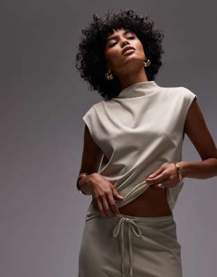 Mango polyamide slash neck cap sleeve t-shirt co-ord in light beige | ASOS