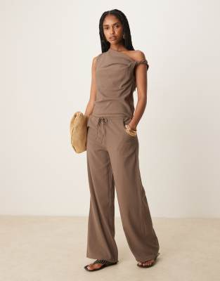 Mango polyamide twist detail top and straight leg pants set in brown | ASOS