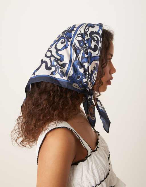 Mango printed satin scarf in blue | ASOS