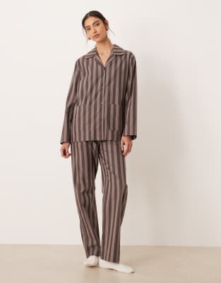 Mango - Pyjamabroek met strepen in bruin, deel van co-ord set | ASOS