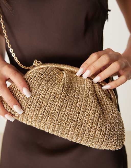 Mango raffia metalic clutch bag in gold | ASOS