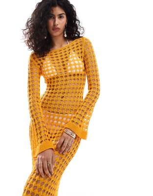 Mango - Robe crochetée longue à manches longues - Orange | ASOS