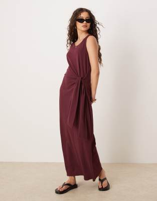 Mango - Robe longueur mollet en coton nouée à la taille - Rouge cerise ...