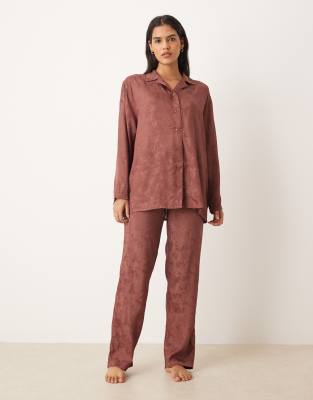 Mango satin jacquard pyjama trouser and shirt co-ord in brown | ASOS