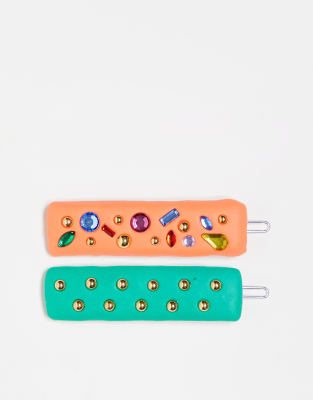 Mango - Set van twee haarclips in roze en groen | ASOS