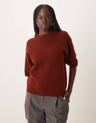 Mango short sleeve knit top in burgundy | ASOS