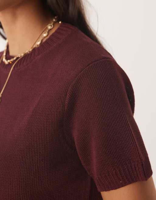 Mango short sleeve knit top in dark red | ASOS