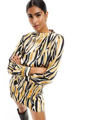 Mango slash neck print mini dress in brown | ASOS
