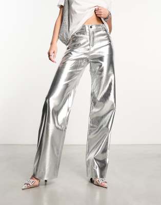 Mango straight leg jeans in metallic silver | ASOS