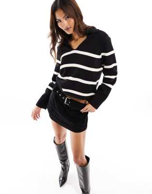 Mango stripe open neck sweater in black | ASOS
