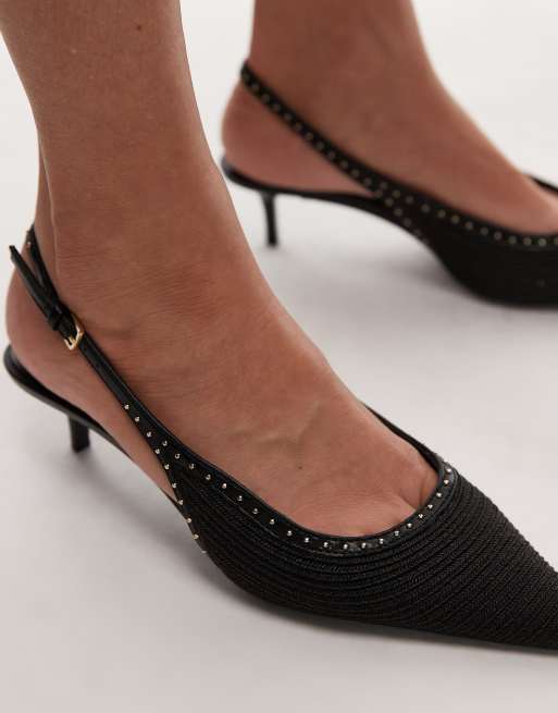 Mango stud detailed pointed slingback kitten heels in black | ASOS